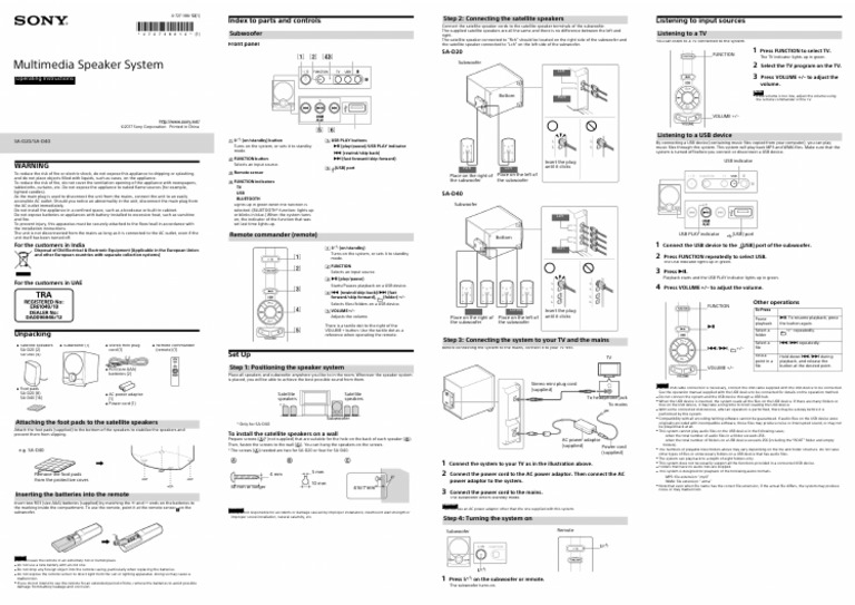 Sony SA-D20/SA-D40 Speaker Setup Guide | PDF | Loudspeaker | Usb