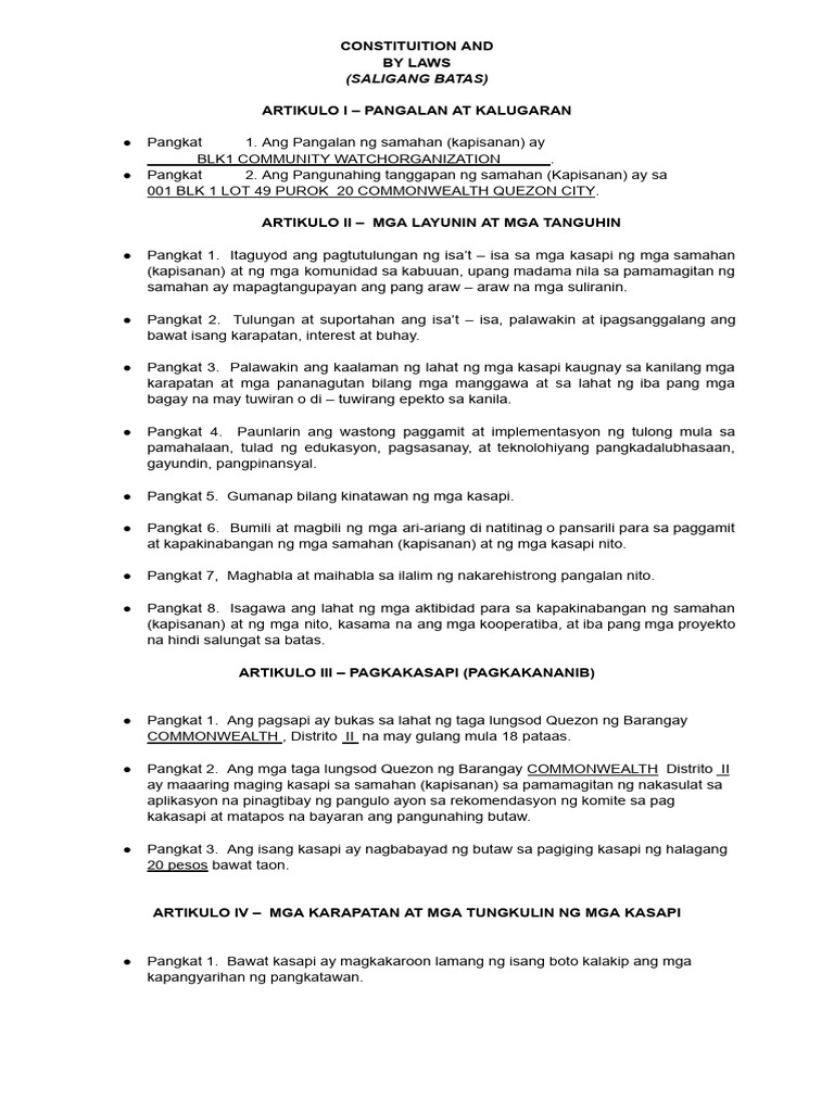 Constituition and by Laws: (Saligang Batas) | PDF