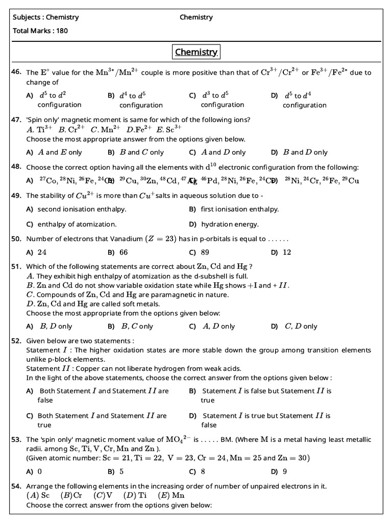 Chemistry Exam Questions and Answers | PDF | Transition Metals ...