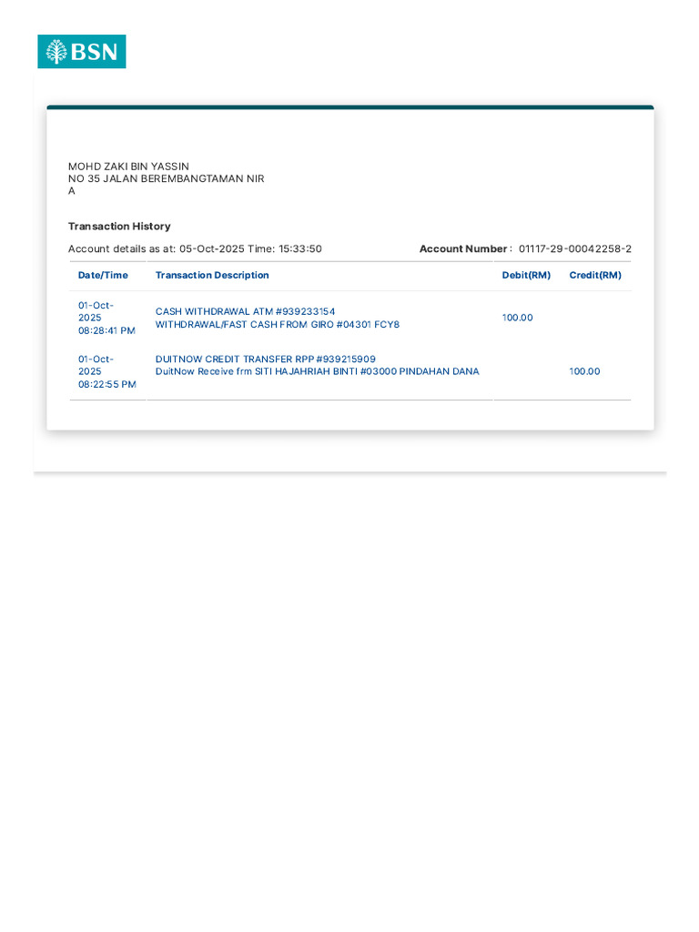 MyBSN - Transaction History - Bank Simpanan Nasional | PDF