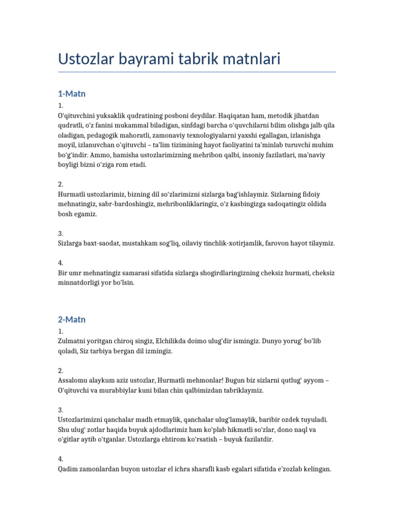 Ustozlar Bayrami Tabrik | PDF