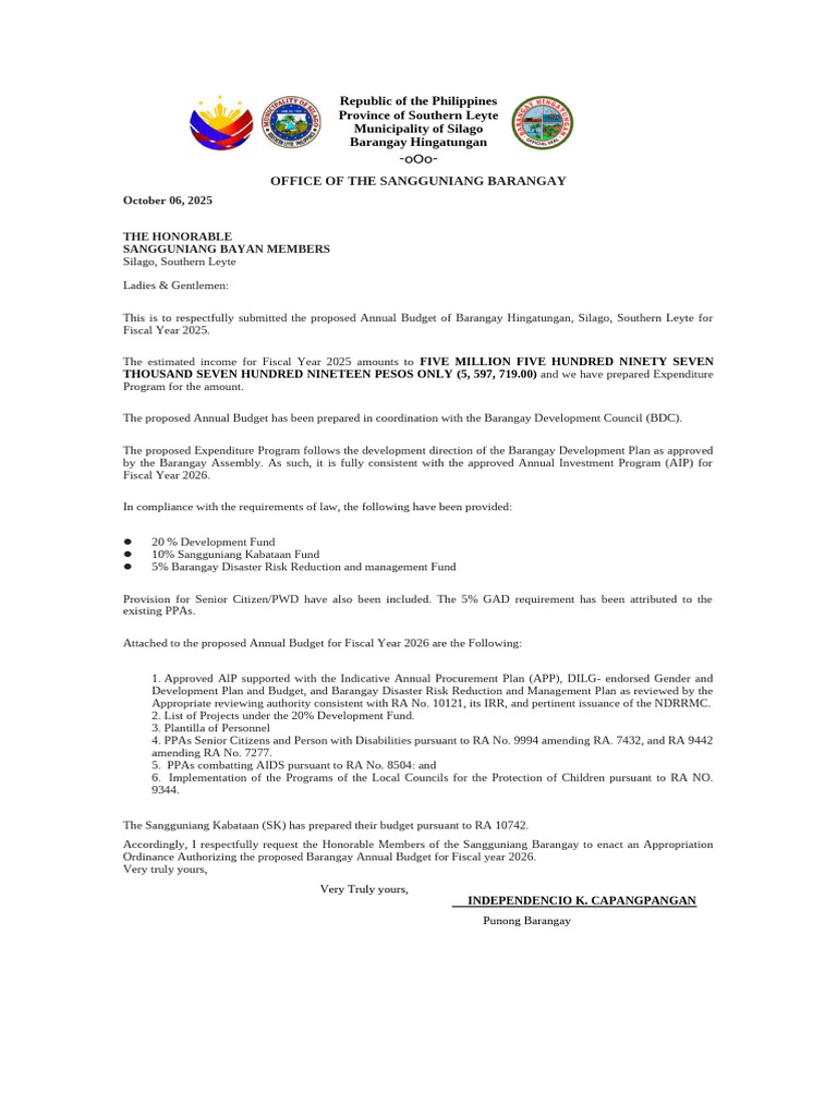 Letter To SB For Budget Year 2026 | PDF | Government