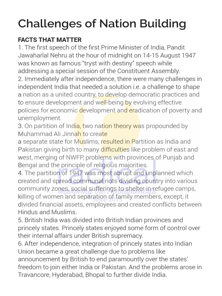 Ch.1 Challenges of Nation Building | PDF | Partition Of India | British Raj