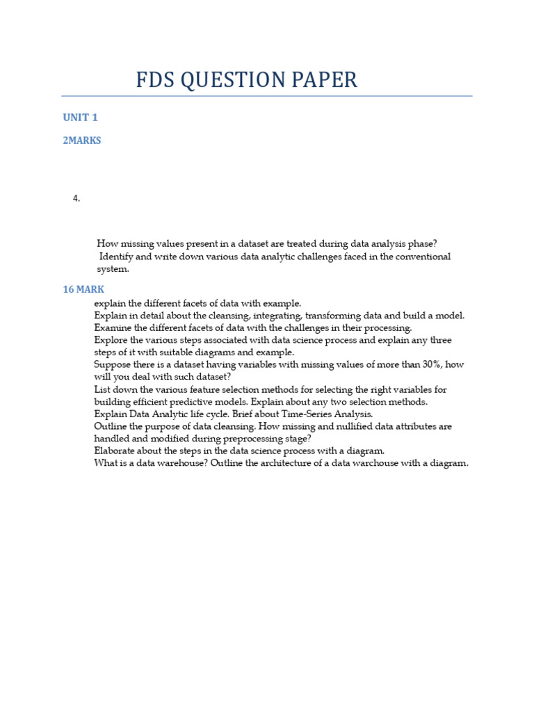 Fds Question Paper Unit 1 | PDF