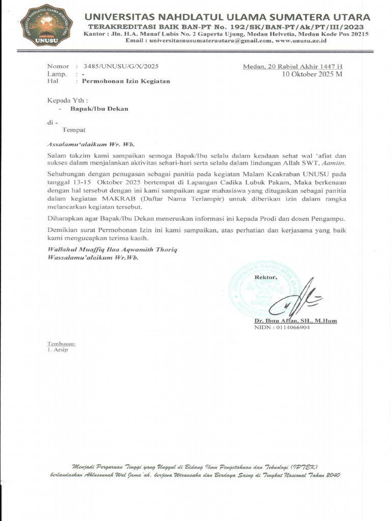 SURAT PERMOHONAN (Izin Sebagai Panitia Kegiatan MAKRAB UNUSU Ke Dekan ...