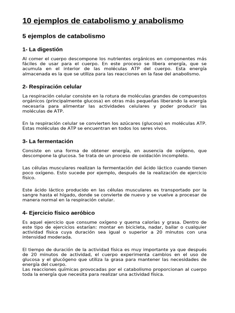 10 Ejemplos de Catabolismo y Anabolismo | PDF | Respiración celular ...