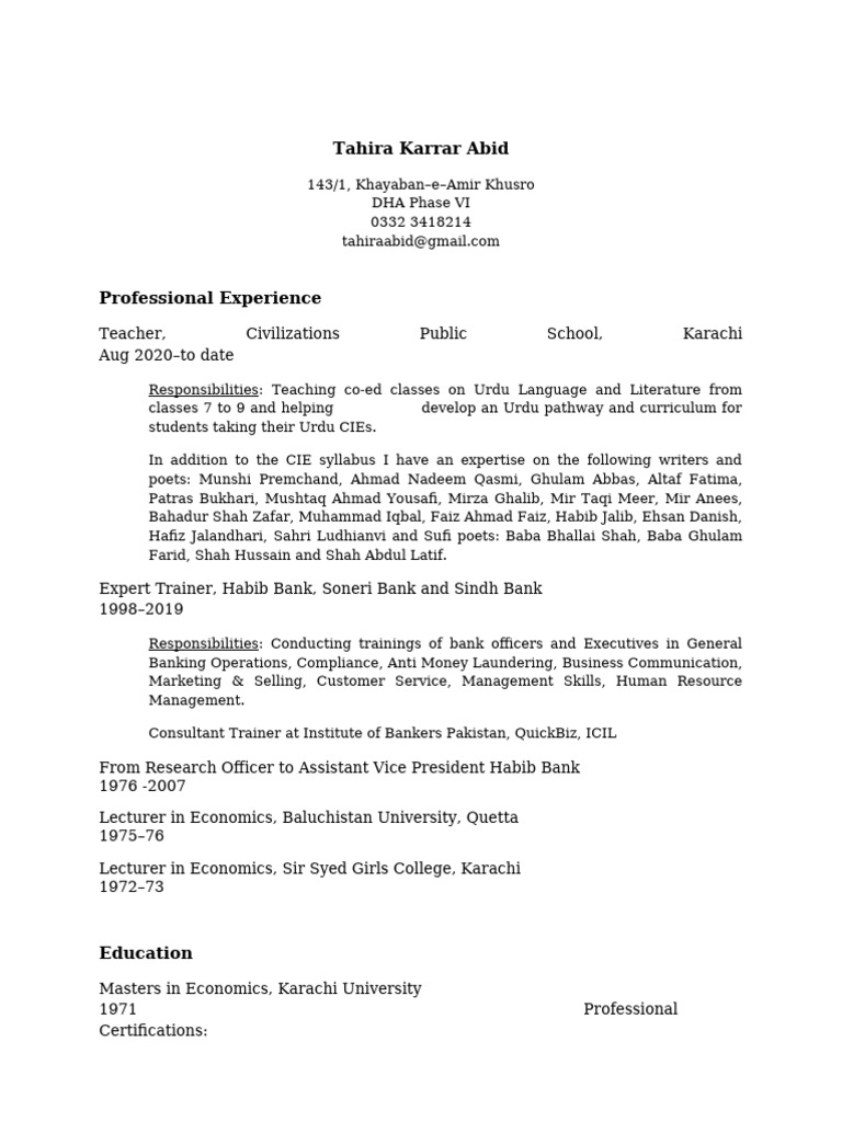 Tahira Abid CV | PDF