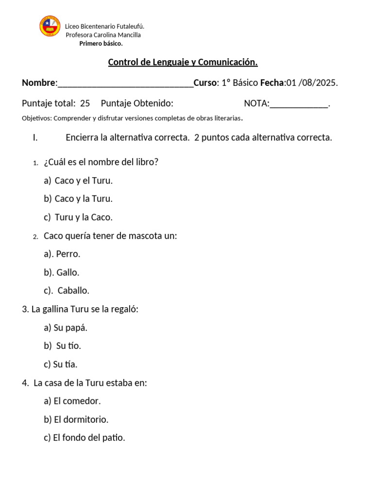 Control de Lectura - Caco y La Turu 1°A | PDF