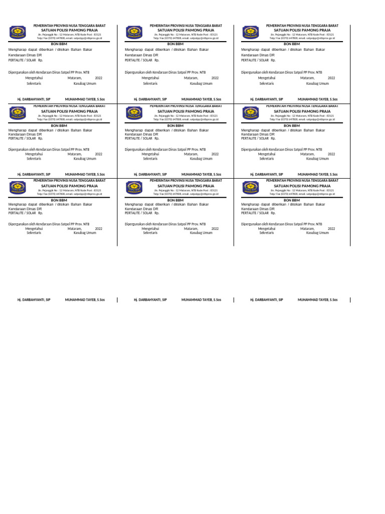 Bon BBM Kendaraan Dinas Satpol PP NTB | PDF