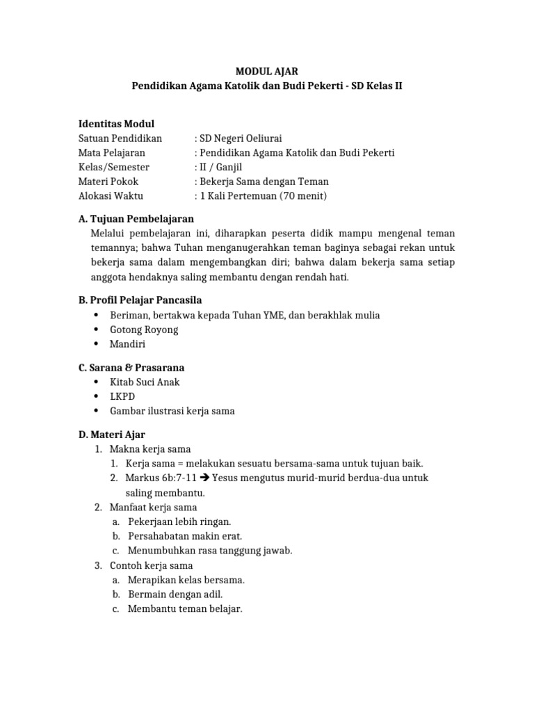 Modul Ajar PAK SD Kelas2 Bekerja Sama 084329 | PDF