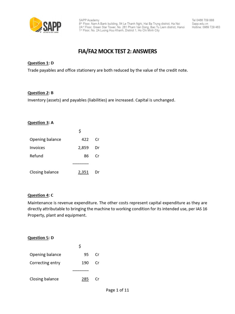 FIA FA2 Mock Test 2 Answers Guide | PDF | Hanoi | Debits And Credits