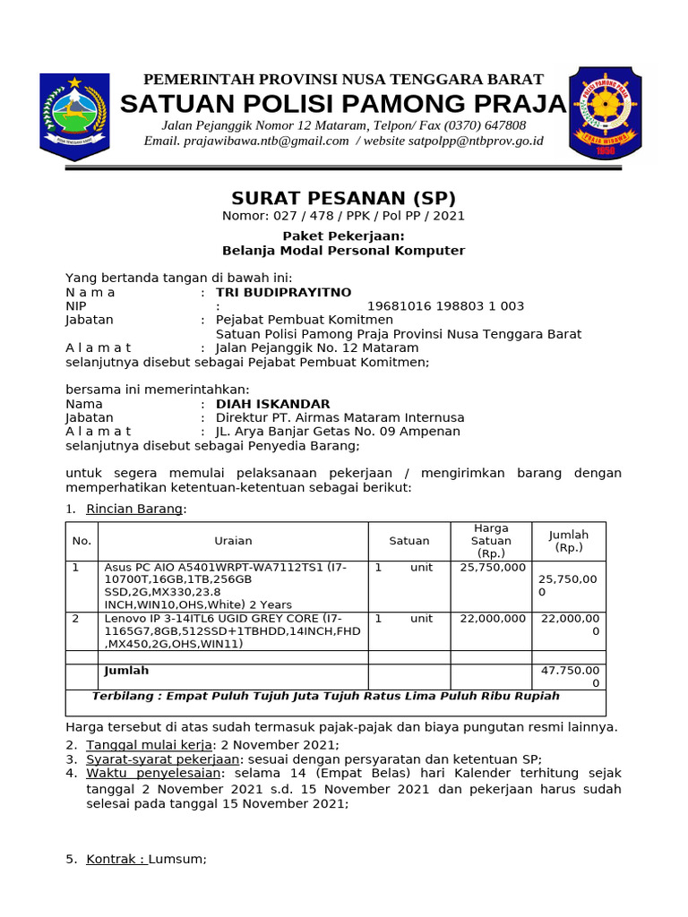 SP Pengadaan Peralatan Kantor PC, Laptop 2 | PDF