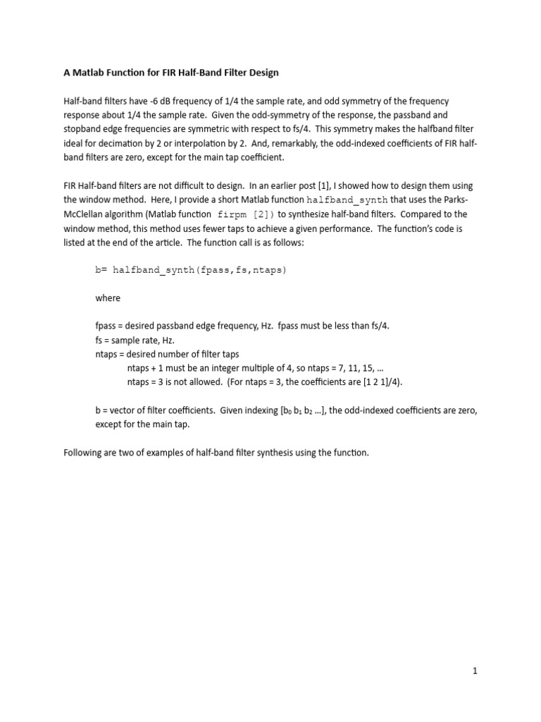 Matlab Function For Half Band Filter Design - 28925 | PDF | Filter ...
