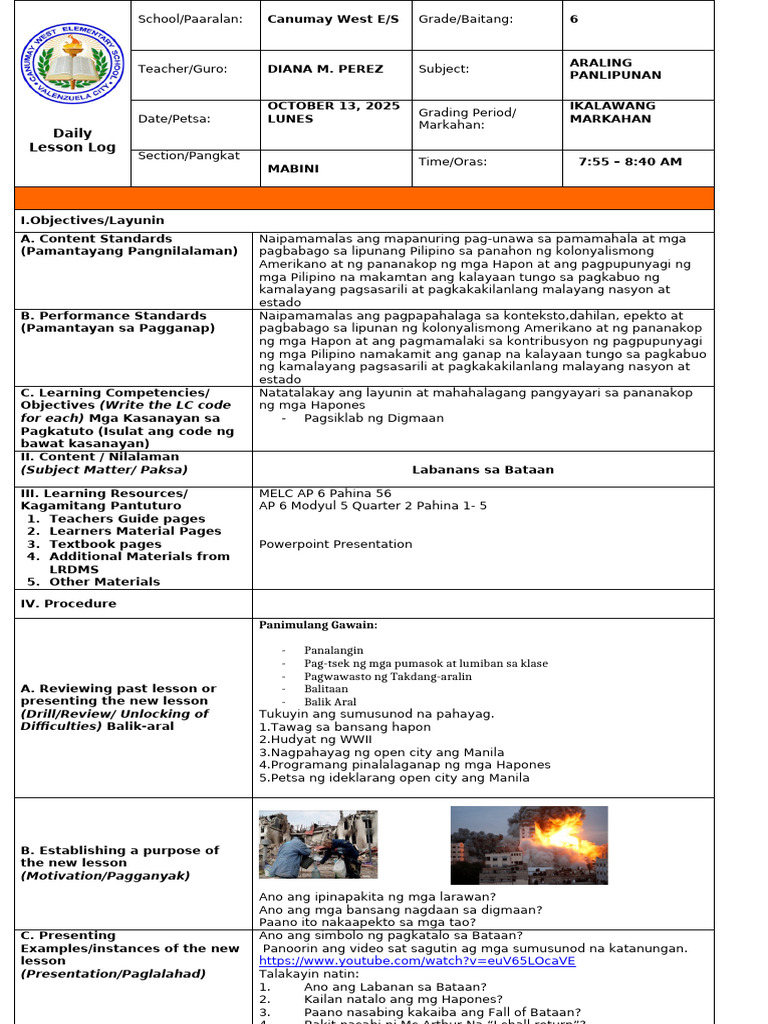 Pananakop NG Mga Hapones AP 6 QUARTER 2 Labanan Sa Bataan Oct 16 | PDF