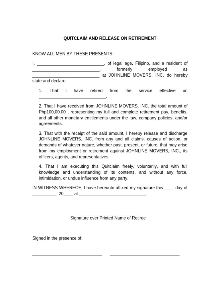 Retirement Quitclaim and Release Form | PDF