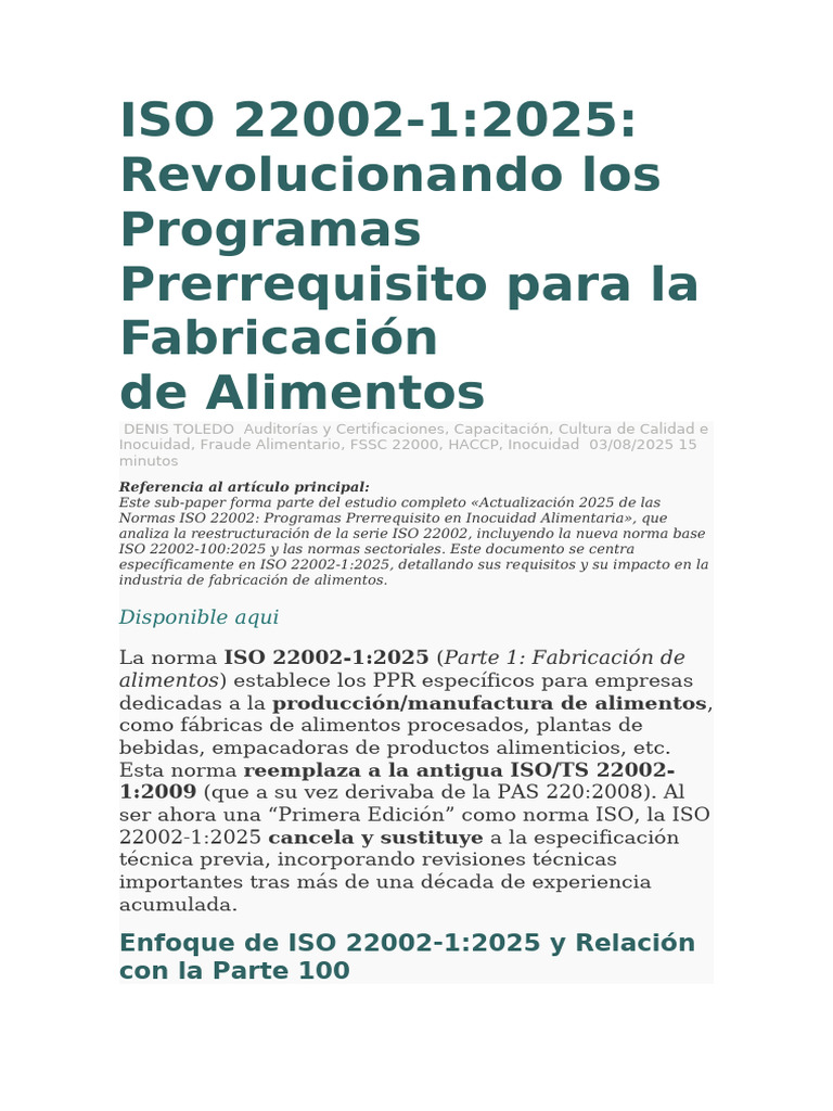 ISO 22002-1:2025 en Fabricación Alimentaria | PDF | Alimentos