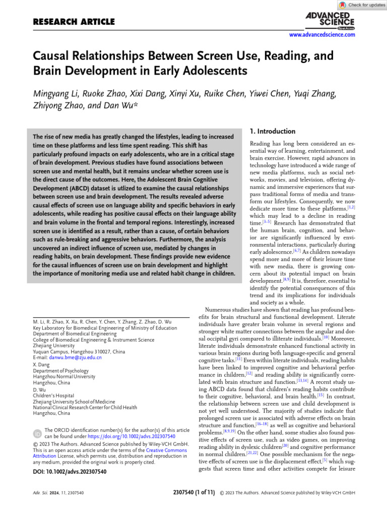 Advanced Science - 2024 - Li - Causal Relationships Between Screen Use Reading and Brain ...