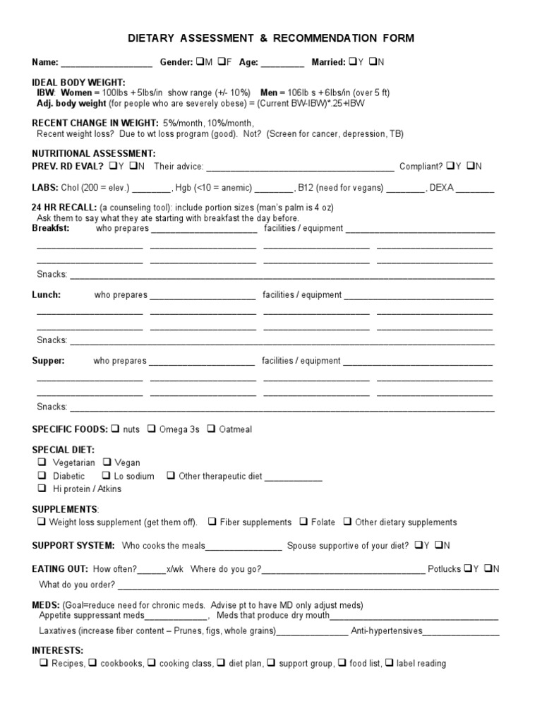 Dietary Assessment Form | PDF | Dieting | Dietary Fiber