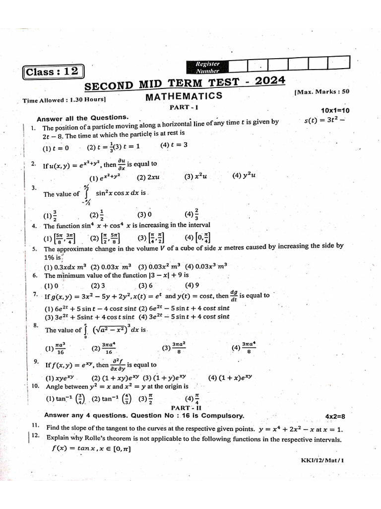 12th Maths 2nd Mid Term Exam 2024 Original Question Paper Kallakurichi ...