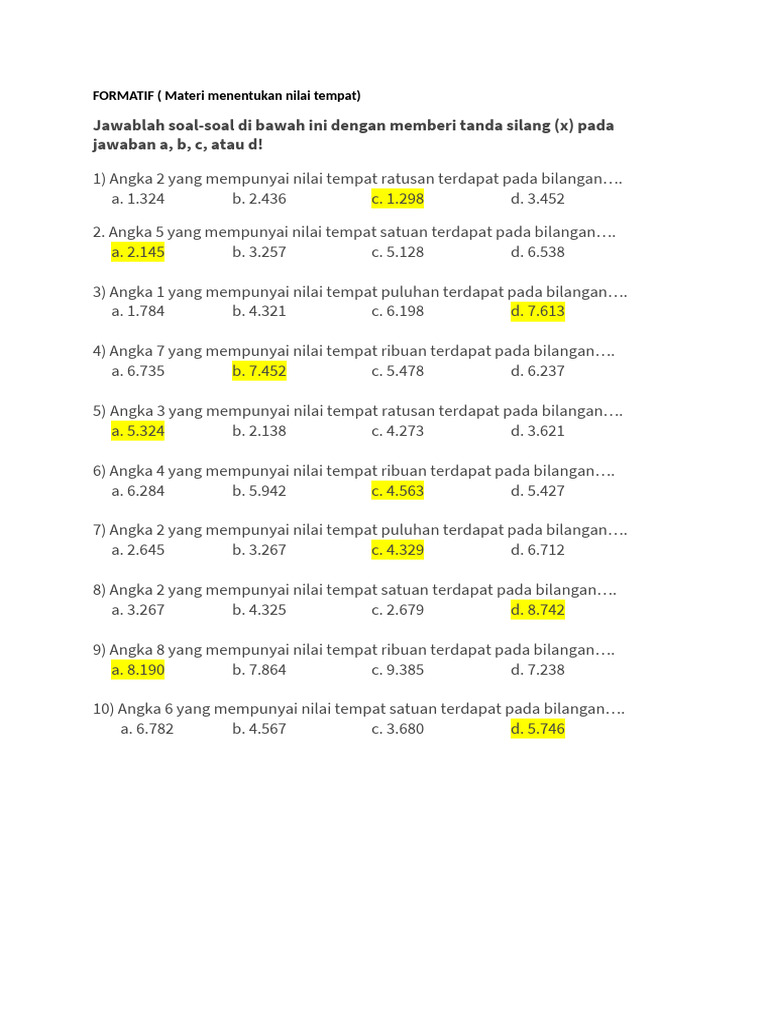 FORMATIF MAT Nilai Tempat | PDF