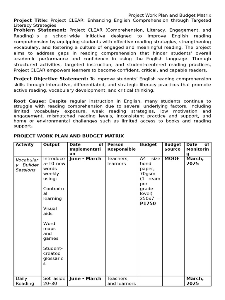 Project CLEAR: Literacy Strategies Plan | PDF | Reading Comprehension ...