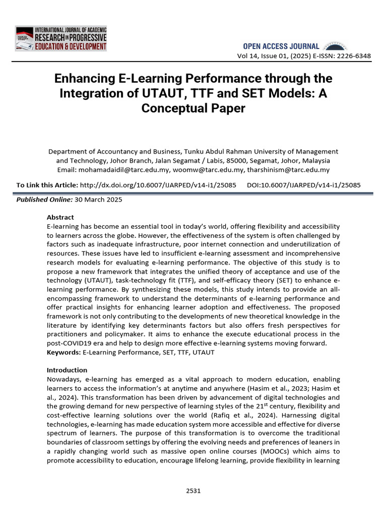 Enhancing e Learning Performance Through The Integration of Utaut TTF ...