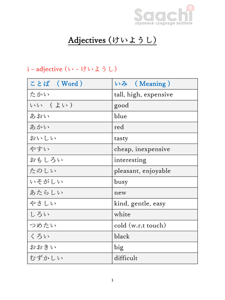 N5 Adjective List | PDF
