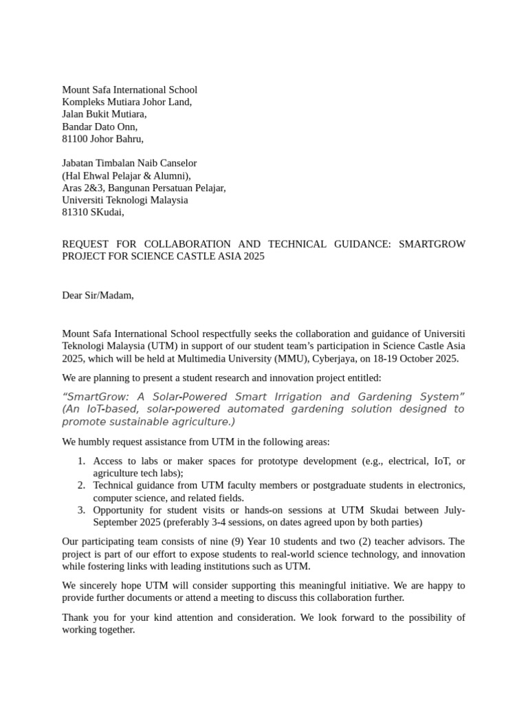 UTM Request Letter - Draft | PDF