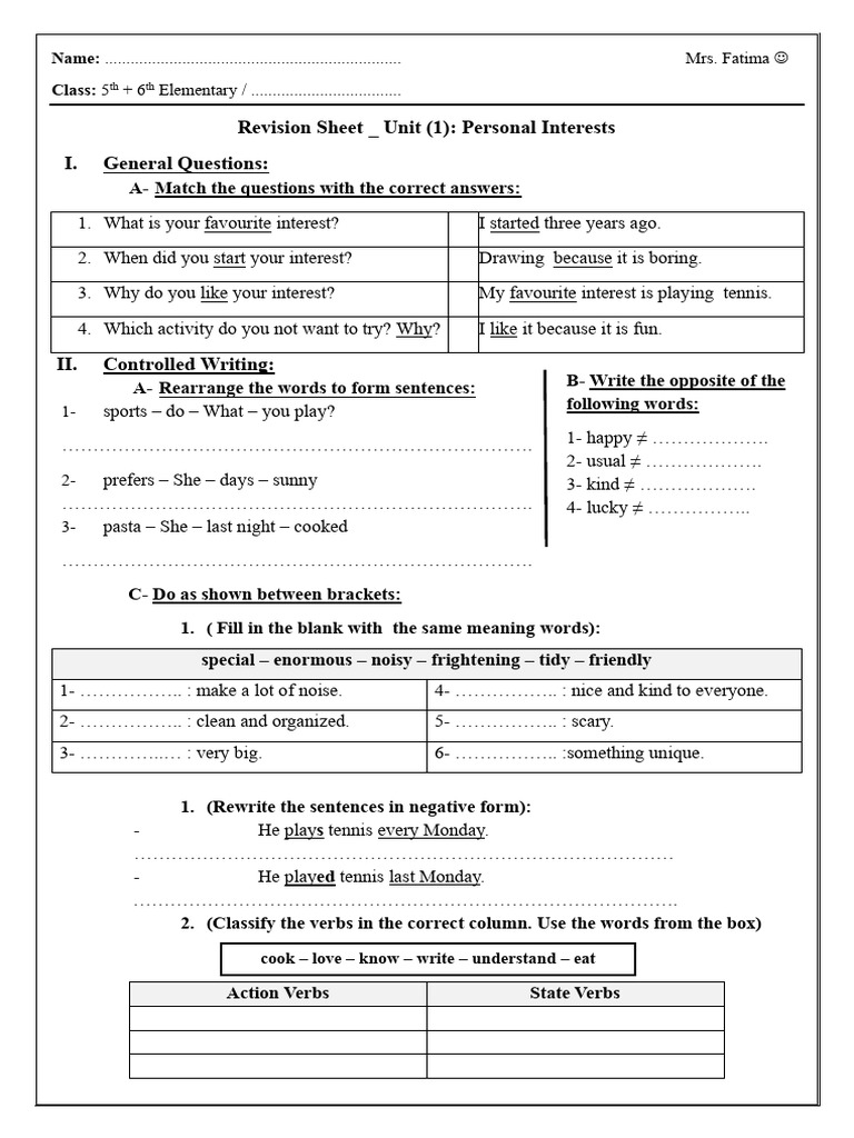 Unit 1: Personal Interests Worksheet | PDF | Linguistics