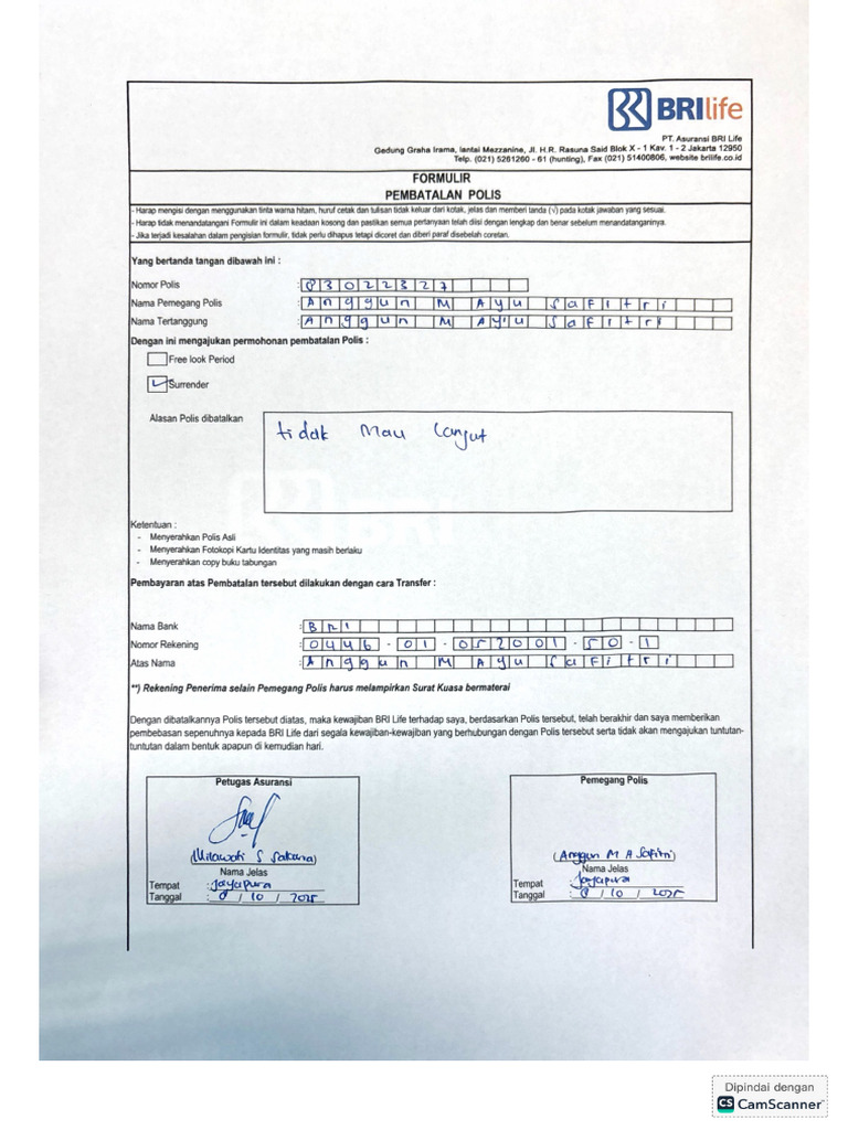 Form Pembatalan Polis Nasabah Ayu | PDF