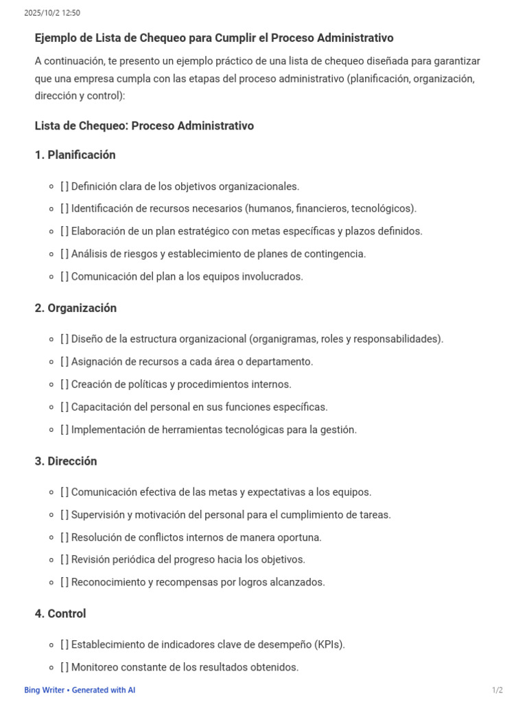 Lista de Chequeo del Proceso Administrativo | PDF