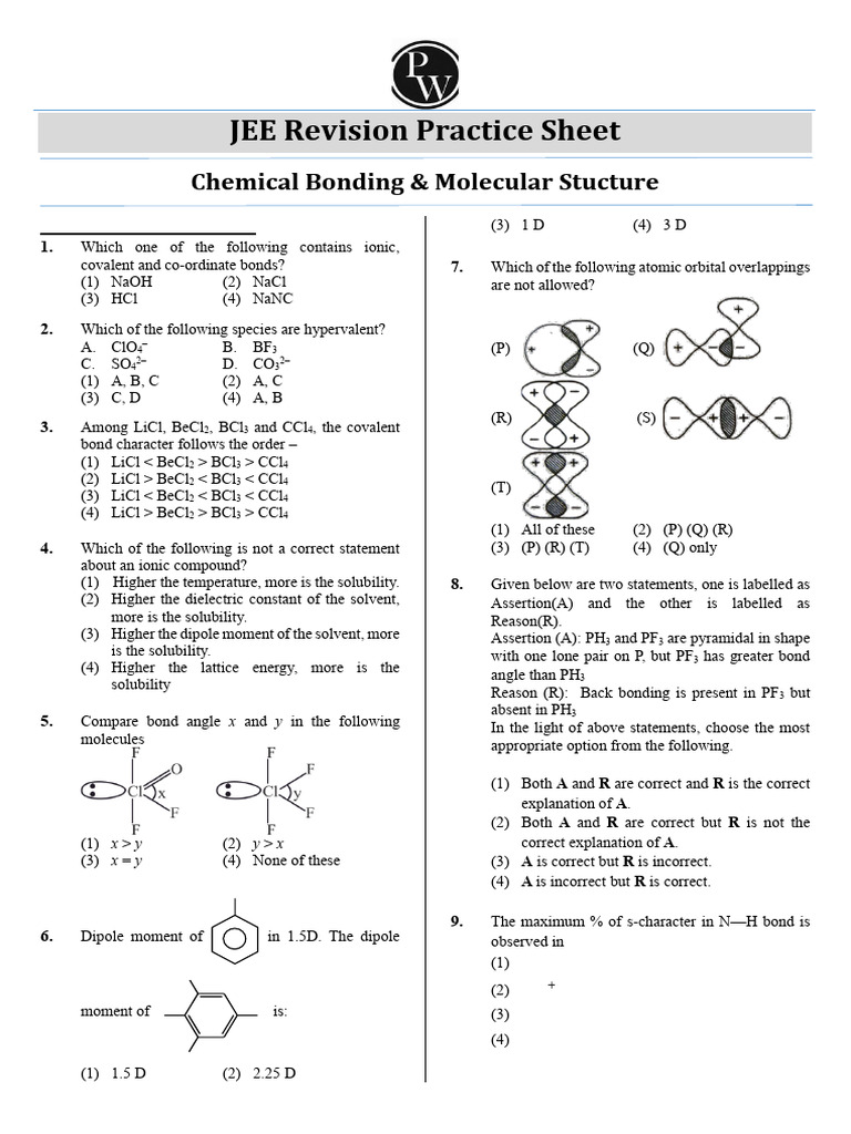 JEE Chemical Bonding Practice Sheet | PDF | Chemical Bond | Ionic Bonding