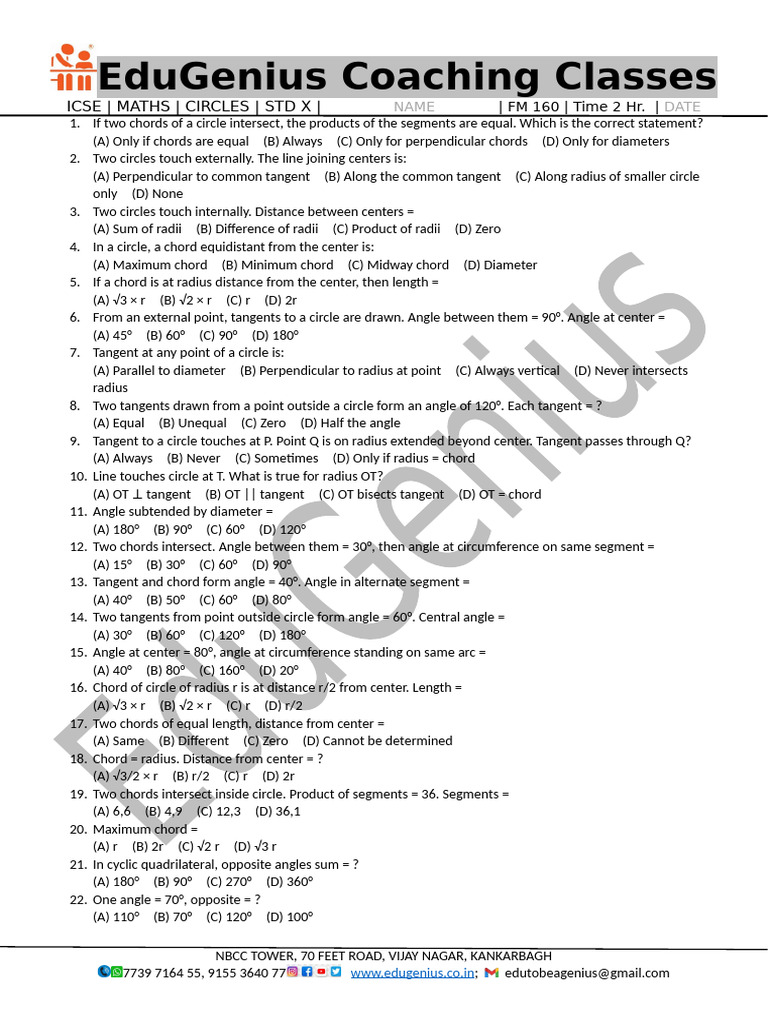 ICSE Maths Circles Practice Questions | PDF | Circle | Angle