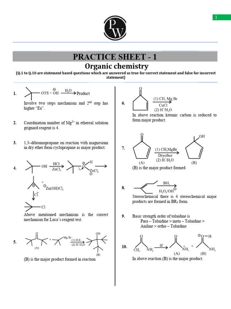 Practice Sheet-1 Organic Chemistry Question Pankaj Sir Anil Kumawat | PDF
