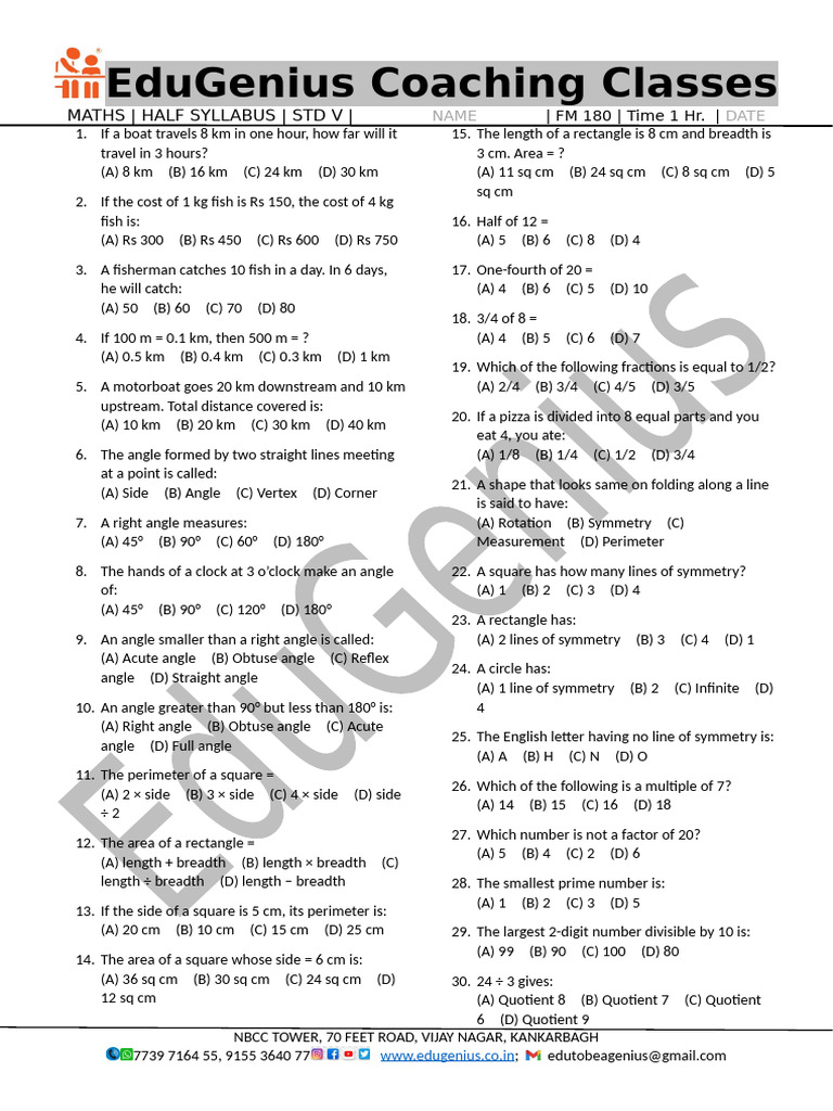 V Half Syllabus Maths Questions | PDF | Angle | Classical Geometry