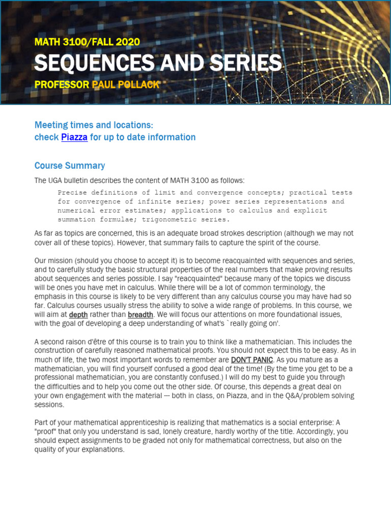 MATH 3100 Fall 2020 Syllabus 2 | PDF | Mathematics | Calculus