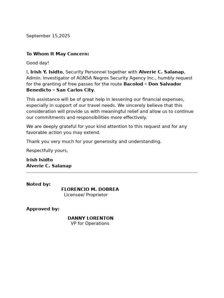 Request Letter For Free Passes | PDF