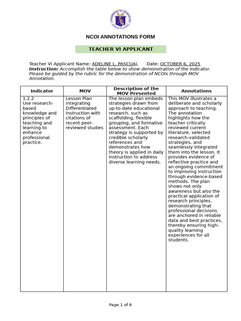 NCOI Annotations Teacher VI Applicant | PDF | Learning | Teachers