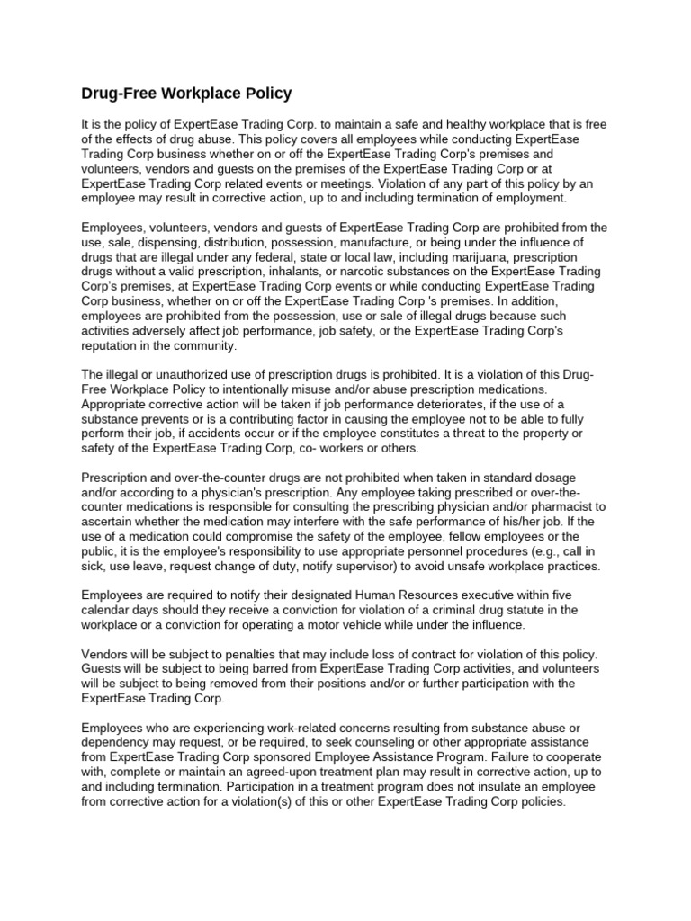 Drug Free Workplace Policy | PDF | Substance Abuse | Drugs