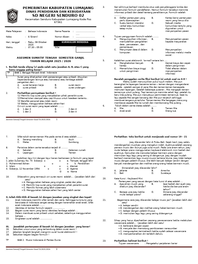 Soal Asts Gasal TP 2025 Kelas 6 Bhs Indonesia | PDF