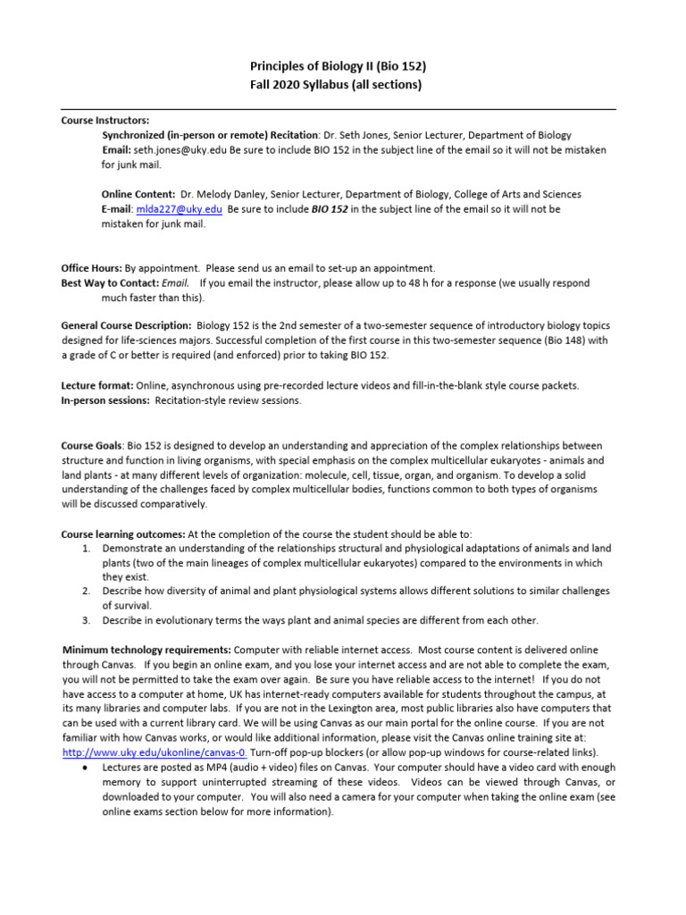 Bio152 - 001and002 - PrinciplesofBiologyII - Fall2020 - Jones - Danley ...