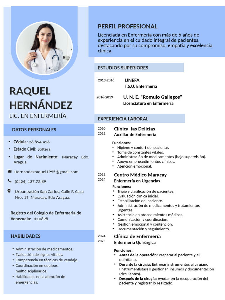 Currículum Vitae CV de Enfermería Moderno Azul | PDF | Enfermería | Cirugía