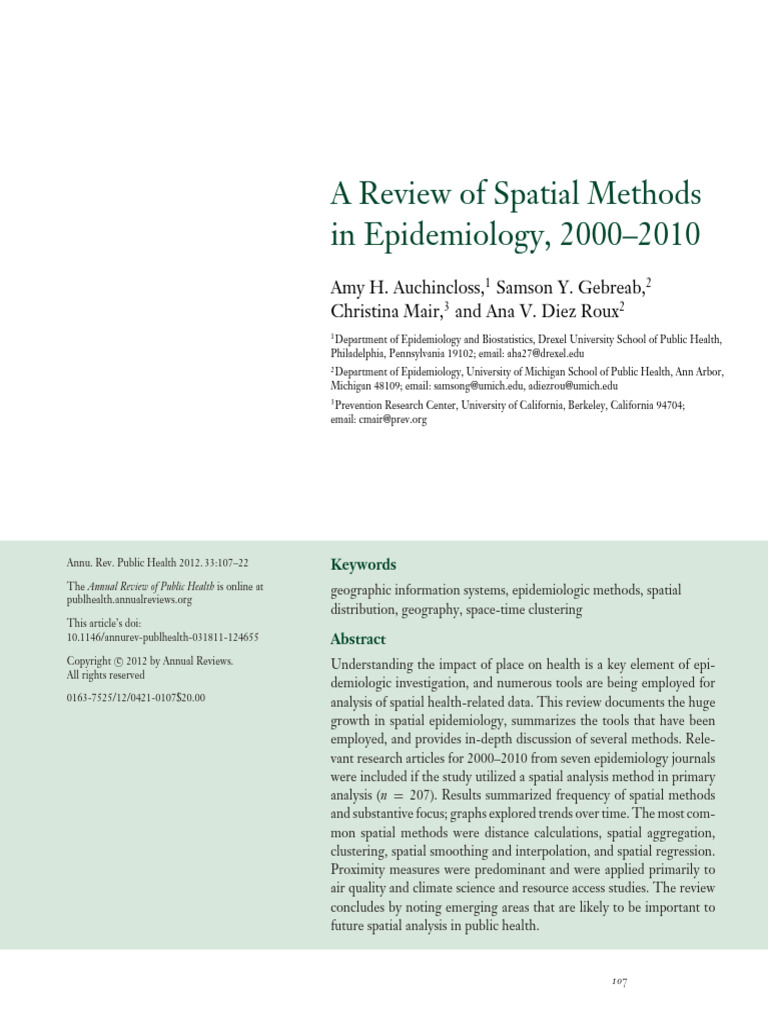 A Review of Methods in Epidemiology 2000-2010spatial Methods in Epidemiology, 2000-2010 | PDF ...