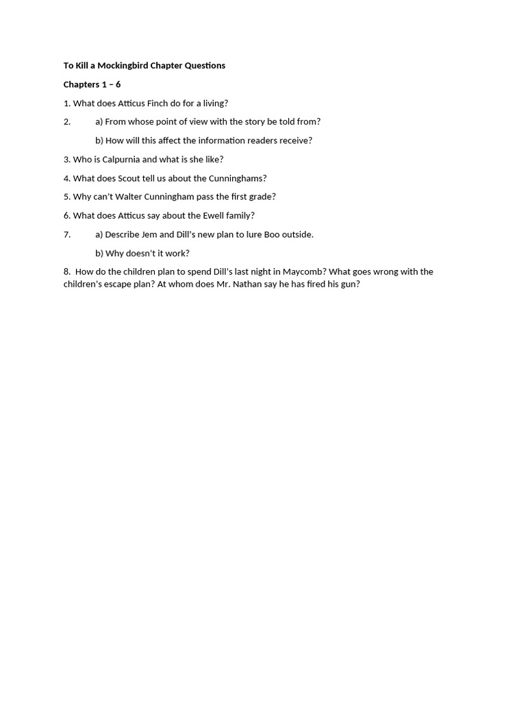 To Kill A Mockingbird Chapter Questions | PDF