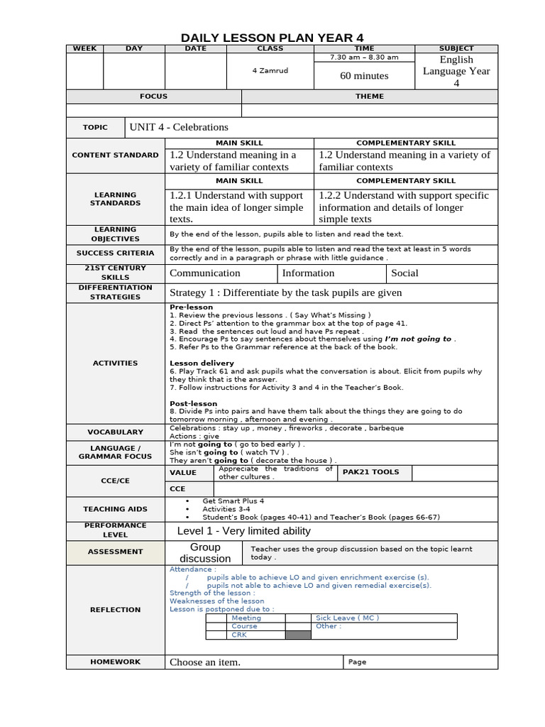 Year 4 English Lesson Plan: Celebrations | PDF | Lesson Plan | Teachers