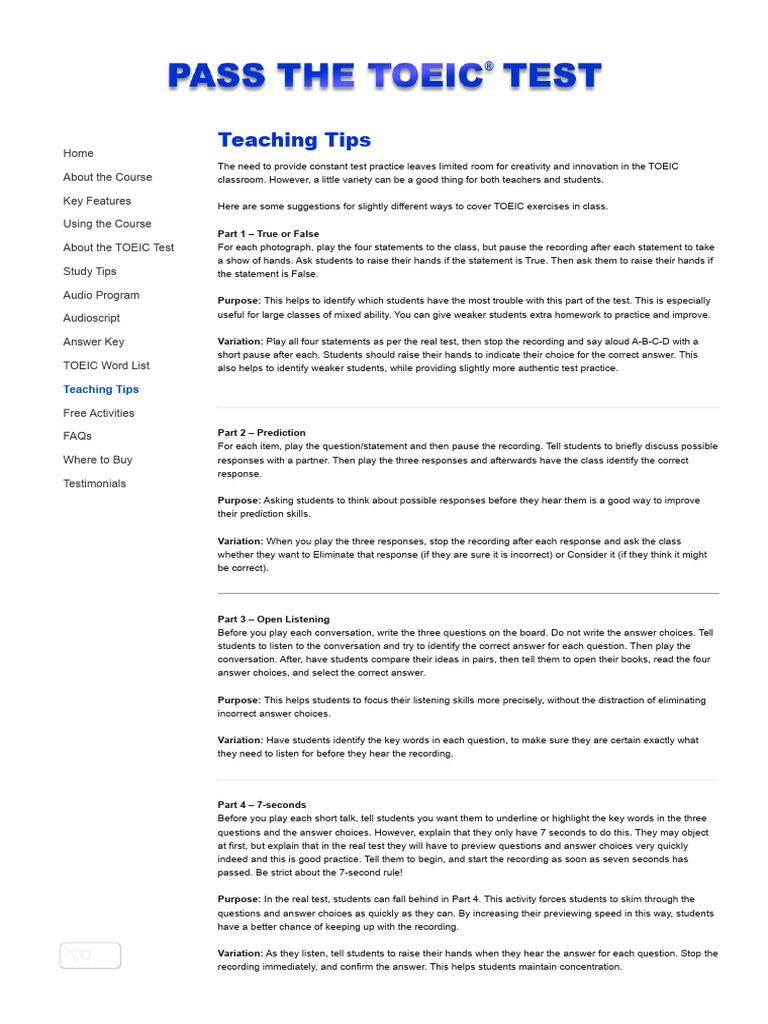 Pass The TOEIC Test - Teaching Tips | PDF | Reading Comprehension ...