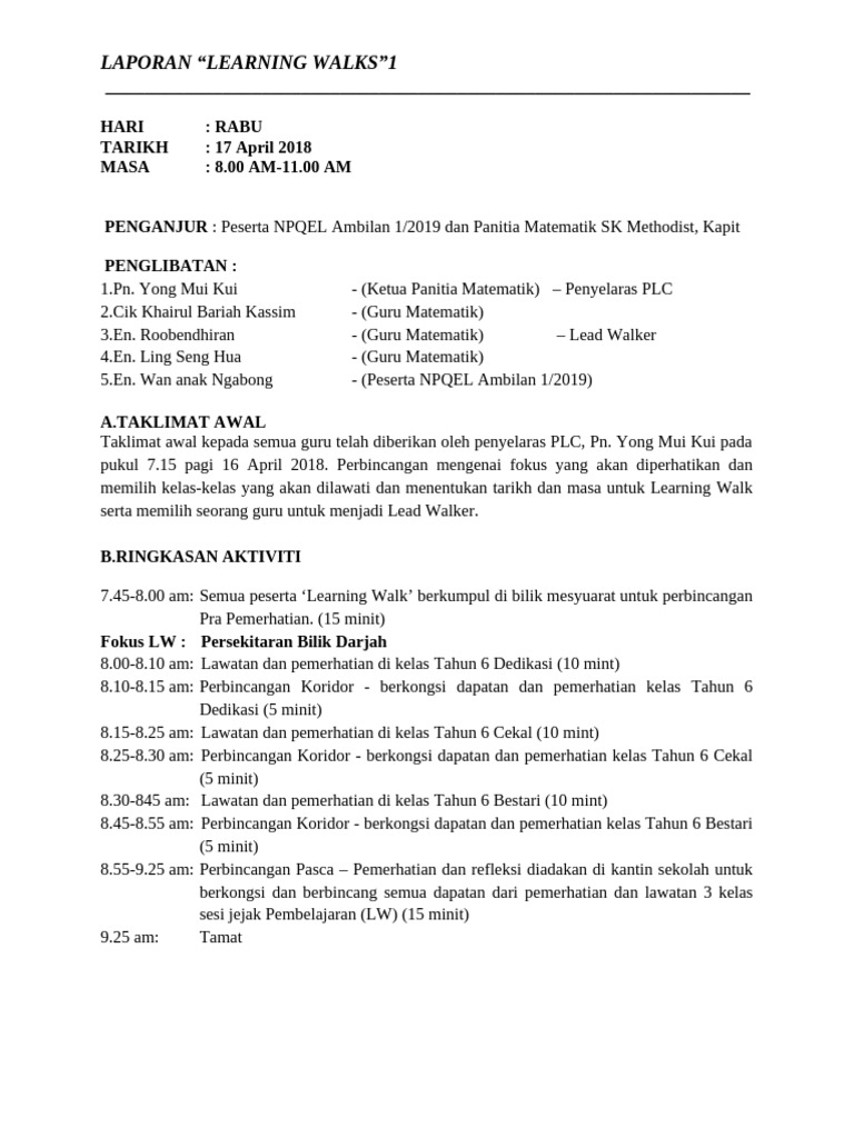 Laporan Learning Walk Matematik SK Methodist | PDF