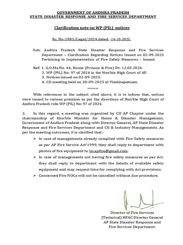 Andhra Pradesh Fire Safety Notice Clarification | PDF