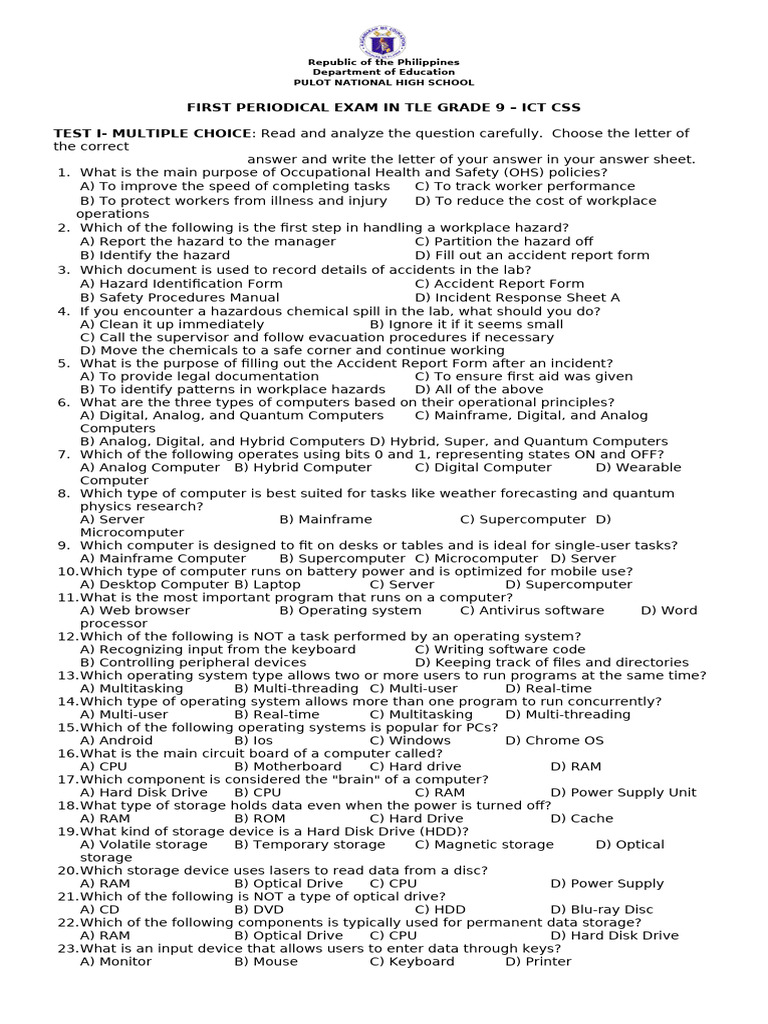 Grade 9 Ict First Grading Exam 2025-2026 | PDF | Computer Data Storage ...