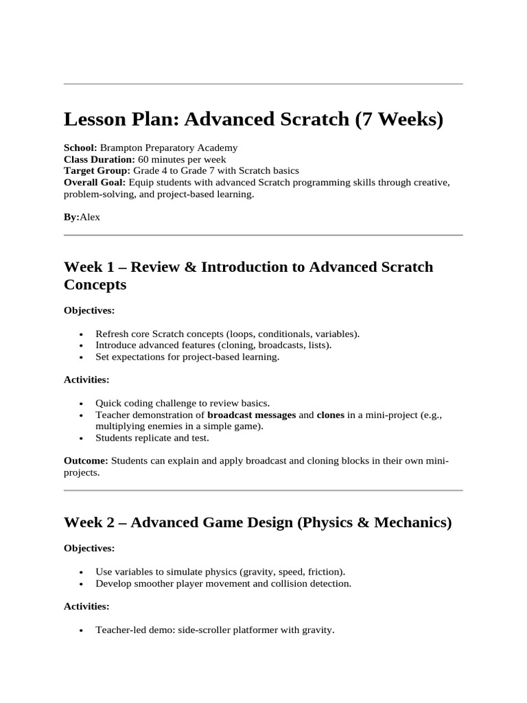 BR 1 Lesson Plan For Advance Scratch For Upper Grades | PDF | Scratch (Programming Language ...